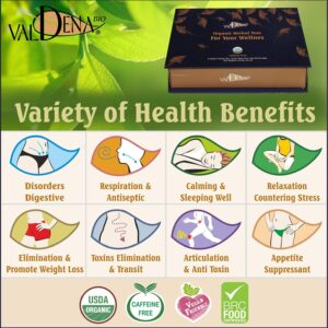 Valdena Bio Organic Herbal Tea Variety Pack, Tea Sampler Gift Set Box, 8 Flavors Assorted Tea, Total of 64 Tea Bags, Caffeine Free Tea Set with Variety of Health Benefits