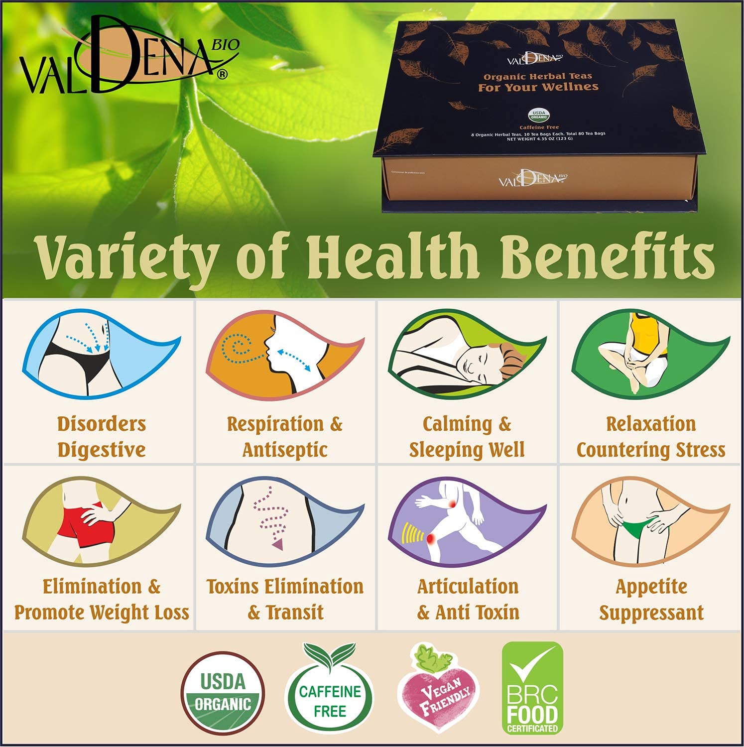 Valdena Bio Organic Herbal Tea Variety Pack, Tea Sampler Gift Set Box, 8 Flavors Assorted Tea, Total of 64 Tea Bags, Caffeine Free Tea Set with Variety of Health Benefits