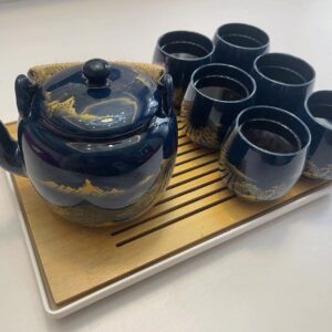 Japanese Tea Set, Black Glazed Tea Set in Gift Box With 1 Teapot, 1 Tea Strainer, 1 Tea Tray and 6 Tea Cups. Ideal Tea Set for Office Home, Asian Tea Sets for Tea Lovers(Landscape Blue)