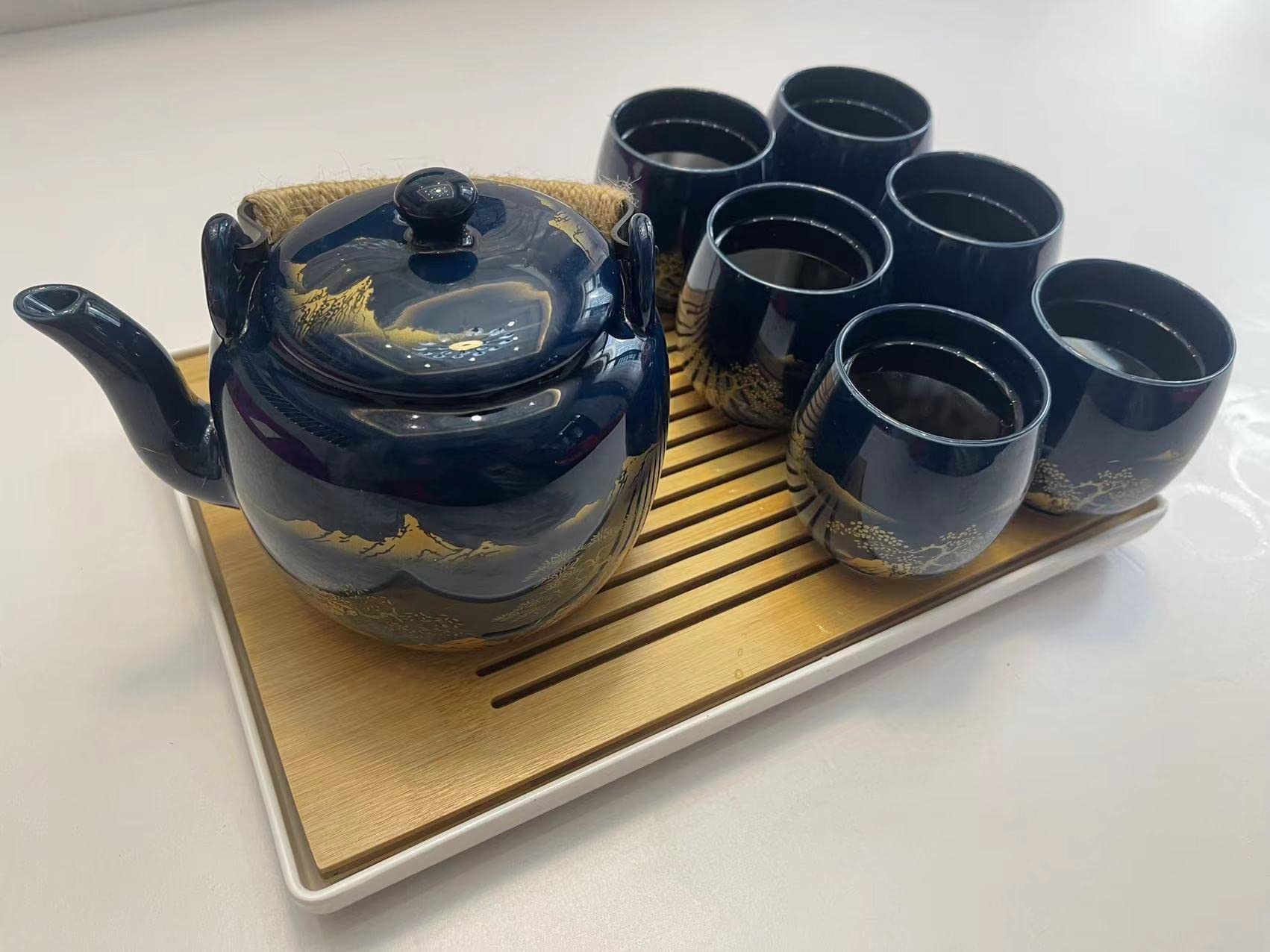 Japanese Tea Set, Black Glazed Tea Set in Gift Box With 1 Teapot, 1 Tea Strainer, 1 Tea Tray and 6 Tea Cups. Ideal Tea Set for Office Home, Asian Tea Sets for Tea Lovers(Landscape Blue)