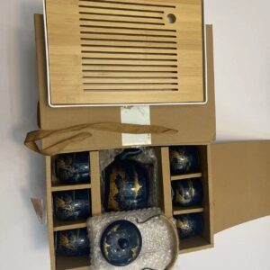 Japanese Tea Set, Black Glazed Tea Set in Gift Box With 1 Teapot, 1 Tea Strainer, 1 Tea Tray and 6 Tea Cups. Ideal Tea Set for Office Home, Asian Tea Sets for Tea Lovers(Landscape Blue)