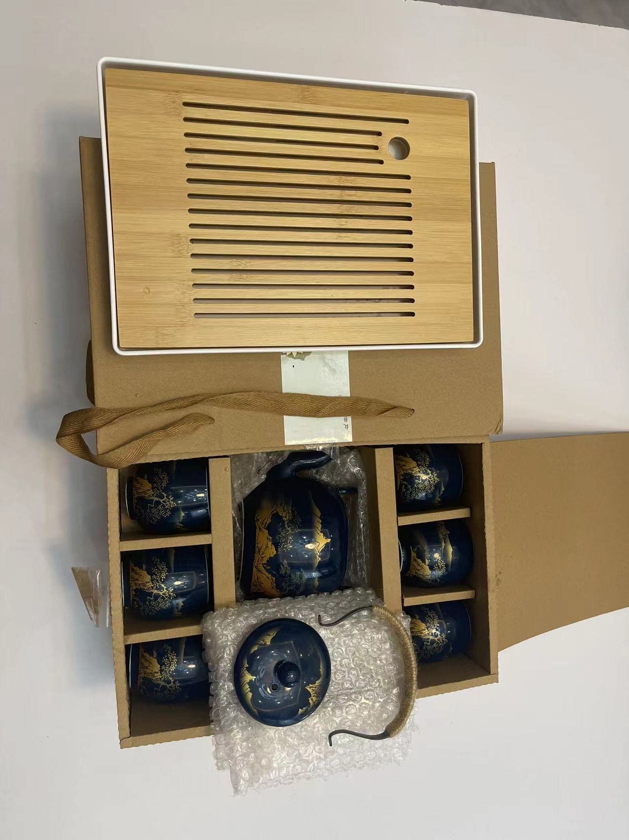 Japanese Tea Set, Black Glazed Tea Set in Gift Box With 1 Teapot, 1 Tea Strainer, 1 Tea Tray and 6 Tea Cups. Ideal Tea Set for Office Home, Asian Tea Sets for Tea Lovers(Landscape Blue)