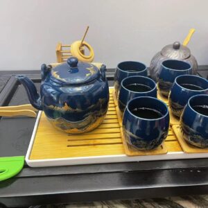 Japanese Tea Set, Black Glazed Tea Set in Gift Box With 1 Teapot, 1 Tea Strainer, 1 Tea Tray and 6 Tea Cups. Ideal Tea Set for Office Home, Asian Tea Sets for Tea Lovers(Landscape Blue)