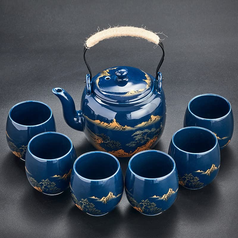 Japanese Tea Set, Black Glazed Tea Set in Gift Box With 1 Teapot, 1 Tea Strainer, 1 Tea Tray and 6 Tea Cups. Ideal Tea Set for Office Home, Asian Tea Sets for Tea Lovers(Landscape Blue)