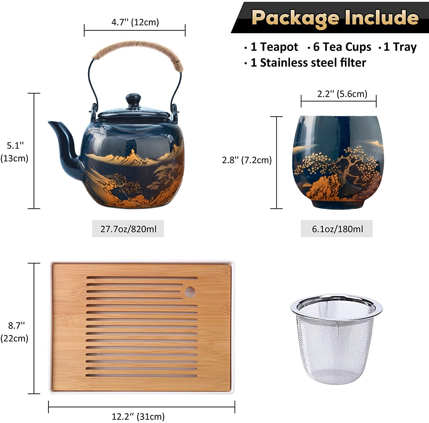 Japanese Tea Set, Black Glazed Tea Set in Gift Box With 1 Teapot, 1 Tea Strainer, 1 Tea Tray and 6 Tea Cups. Ideal Tea Set for Office Home, Asian Tea Sets for Tea Lovers(Landscape Blue)