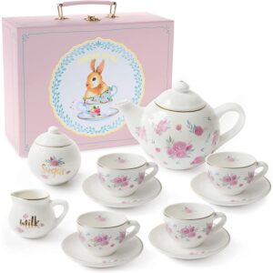 jewelkeeper tea set for little girls - 13 pcs. porcelain tea set for kids tea time includes teapot, 4 tea cup and saucers, creamer and sugar bowl. floral design with pink roses tea party set