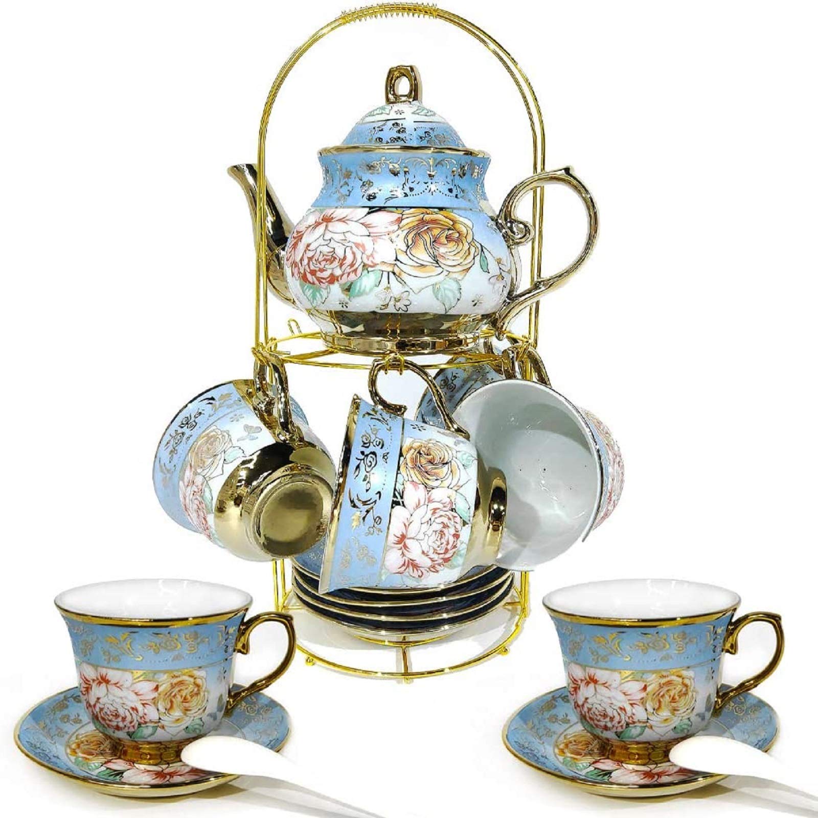 DaGiBayCn 20 PCS Tea set Ceramics Tea set Afternoon Tea Set Adult tea set Gift Tea Set Can Drink Coffee Strong Tea blue