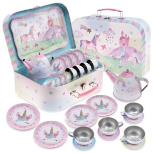 jewelkeeper toddler toys tea set for little girls - 15 pcs tin tea set for kids tea time includes teapot, 4 tea cup and saucers set & 4 snack plates , unicorn tea party set with carrying case