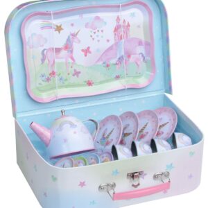 Jewelkeeper Toddler Toys Tea Set for Little Girls - 15 Pcs Tin Tea set for kids Tea Time includes Teapot, 4 Tea Cup and saucers set & 4 snack plates , Unicorn Tea Party Set with Carrying Case