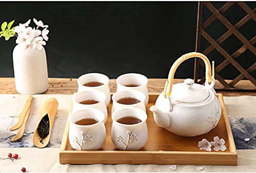 Dujust Japanese White Porcelain Tea Set with 1 Teapot Set, 6 Tea Cups, 1 Tea Tray, 1 Stainless Infuser, Cute Asian Tea Set for Tea Lover/Women/Men (Plum in Golden)