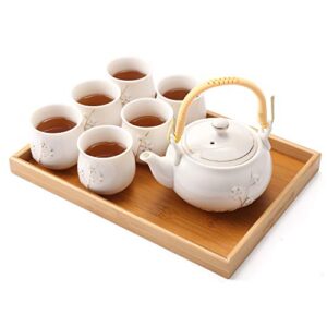 dujust japanese white porcelain tea set with 1 teapot set, 6 tea cups, 1 tea tray, 1 stainless infuser, cute asian tea set for tea lover/women/men (plum in golden)