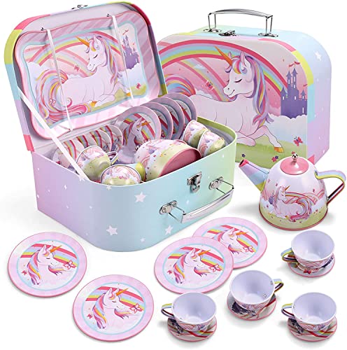 JOYIN Unicorn Tea Set for Toddlers Tea Party Set for Children Kids Pretend Role Play Tin Teapot Set with Cups, Plates and Carrying Case Kitchen Toy for Little Girls Birthday Gifts Age 3 4 5 6