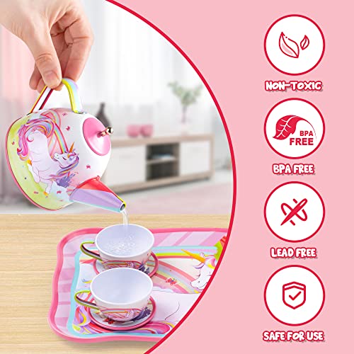 JOYIN Unicorn Tea Set for Toddlers Tea Party Set for Children Kids Pretend Role Play Tin Teapot Set with Cups, Plates and Carrying Case Kitchen Toy for Little Girls Birthday Gifts Age 3 4 5 6