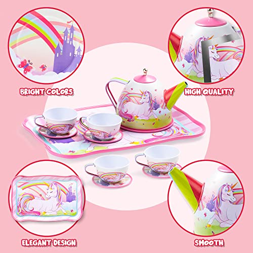 JOYIN Unicorn Tea Set for Toddlers Tea Party Set for Children Kids Pretend Role Play Tin Teapot Set with Cups, Plates and Carrying Case Kitchen Toy for Little Girls Birthday Gifts Age 3 4 5 6