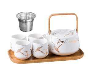 jusalpha marble porcelain teapot set, modern japanese tea pot with infuser for loose tea (40 oz), 4-piece tea cups (6.7 oz) with bamboo tray - tea cups set for home and restaurant, fdjpt4 (white)