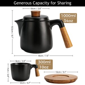 MIAMIO – 34 Oz Ceramic Tea Pot Set with Infuser and Cups/Tea Strainer, 4 Ceramic Tea Mugs (10 Oz), Bamboo Saucers/Handle for Home and Office (Black)