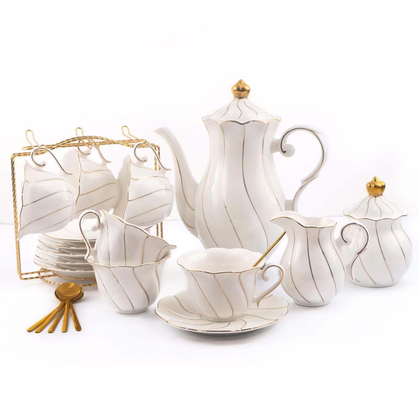 HSYTEK 22 Pcs Tea Sets for Women Tea Party, Luxury British Tea Cups & Saucers Set of 6, Porcelain Tea Sets Gift for Adults with Golden Trim, Tea Party & Coffee, (Including a Stand)-White