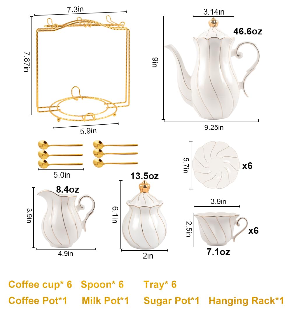 HSYTEK 22 Pcs Tea Sets for Women Tea Party, Luxury British Tea Cups & Saucers Set of 6, Porcelain Tea Sets Gift for Adults with Golden Trim, Tea Party & Coffee, (Including a Stand)-White