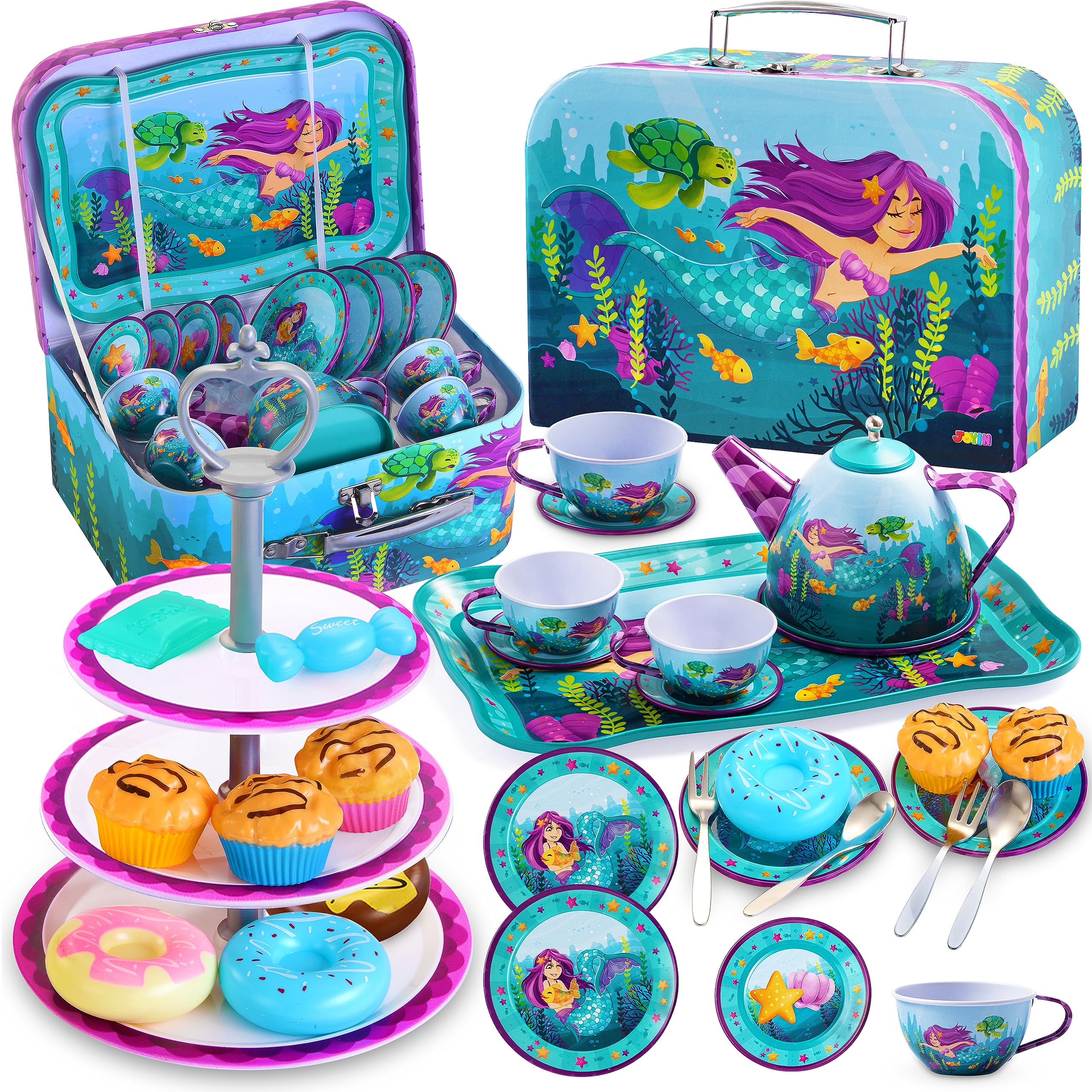 JOYIN 35Pcs Mermaid Tea Party Set for Little Girls, Pretend Tin Teapot Set, Princess Tea Time Play Kitchen Toy with Dessert, Doughnut, Carrying Case for Birthday Easter Gifts Kids Toddlers Age 3 4 5 6