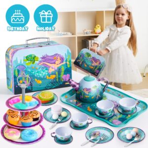 JOYIN 35Pcs Mermaid Tea Party Set for Little Girls, Pretend Tin Teapot Set, Princess Tea Time Play Kitchen Toy with Dessert, Doughnut, Carrying Case for Birthday Easter Gifts Kids Toddlers Age 3 4 5 6