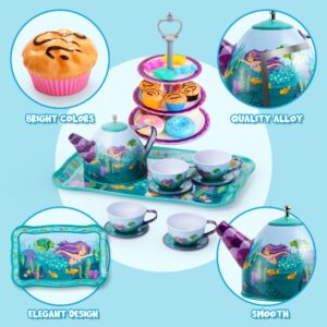 JOYIN 35Pcs Mermaid Tea Party Set for Little Girls, Pretend Tin Teapot Set, Princess Tea Time Play Kitchen Toy with Dessert, Doughnut, Carrying Case for Birthday Easter Gifts Kids Toddlers Age 3 4 5 6