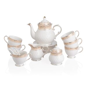 sweejar 21 piece porcelain tea set, vintage british floral relief gold rimmed teapot cup and saucer set, tea set service with teapot, sugar bowl, milk jug, spoons, tea cup and saucer (goldstyle)