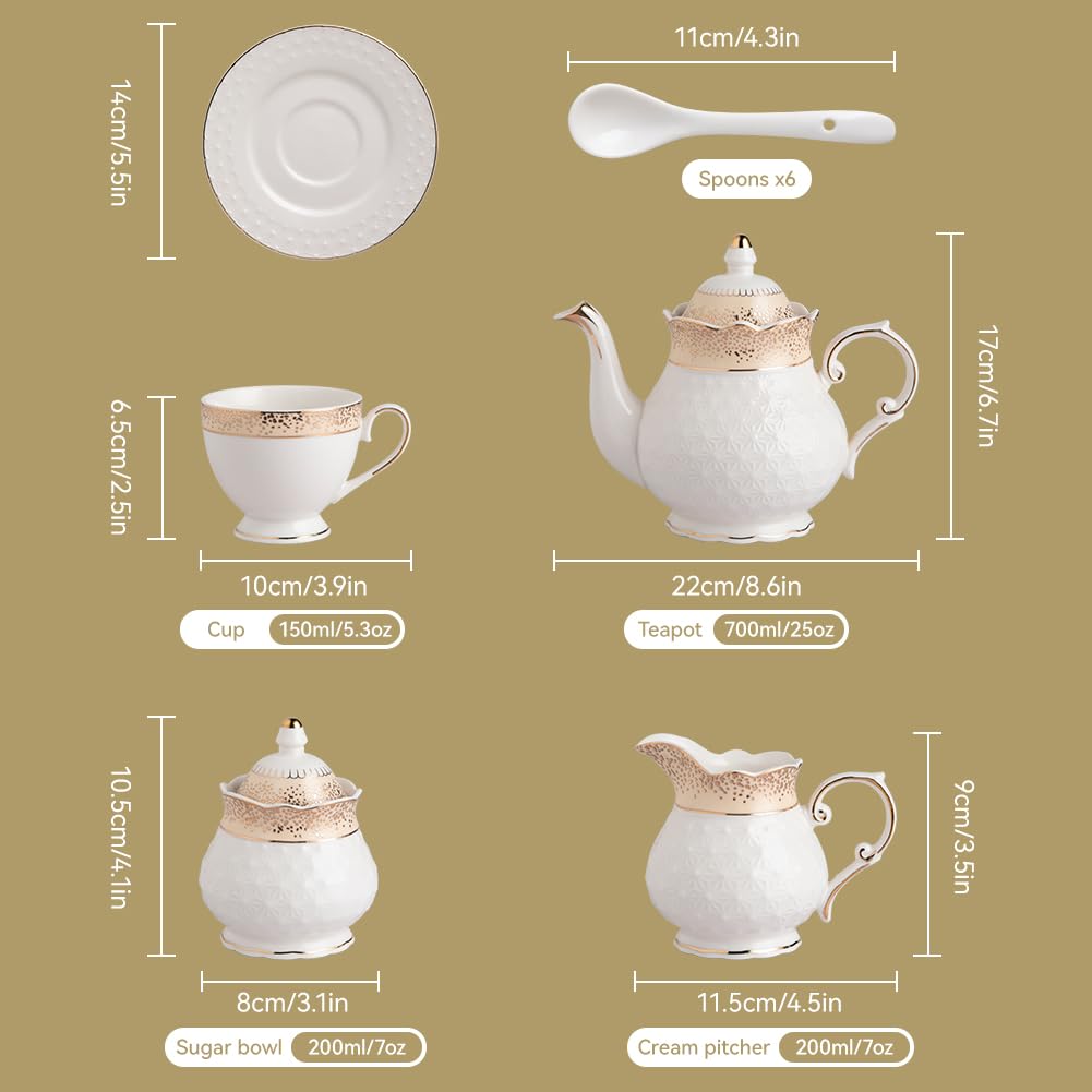 Sweejar 21 Piece Porcelain Tea Set, Vintage British Floral Relief Gold Rimmed Teapot Cup and Saucer Set, Tea Set Service with Teapot, Sugar Bowl, Milk Jug, Spoons, Tea Cup and Saucer (Goldstyle)