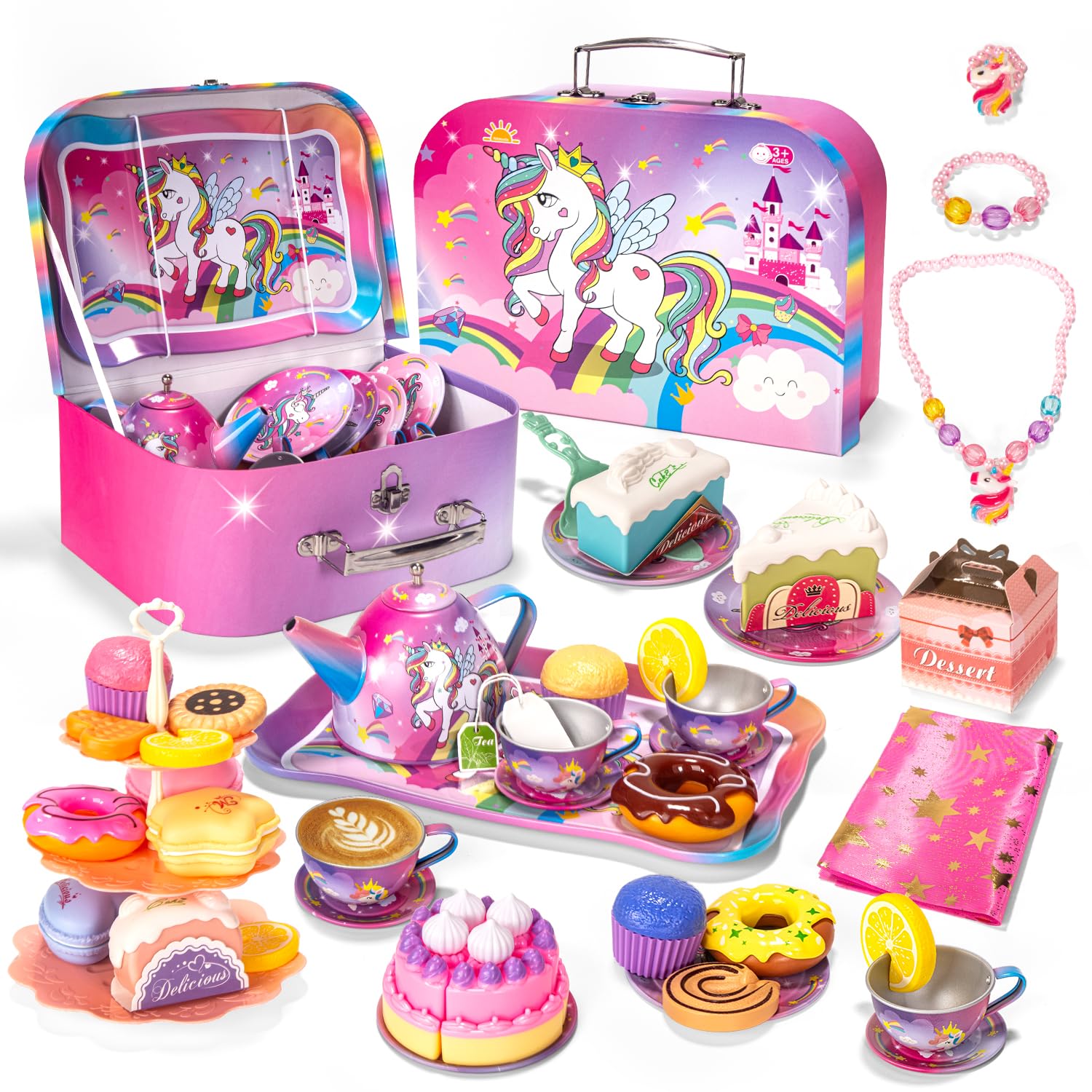 Unicorn Tea Party Set for Little Girls, Toddlers Princess Toy Tea Set, Pretend Play Teapot Dessert Tea Cup Set Food Kitchen Playset, Birthday Unicorn Gifts for 3 4 5 6 7 8 Year Old Girls