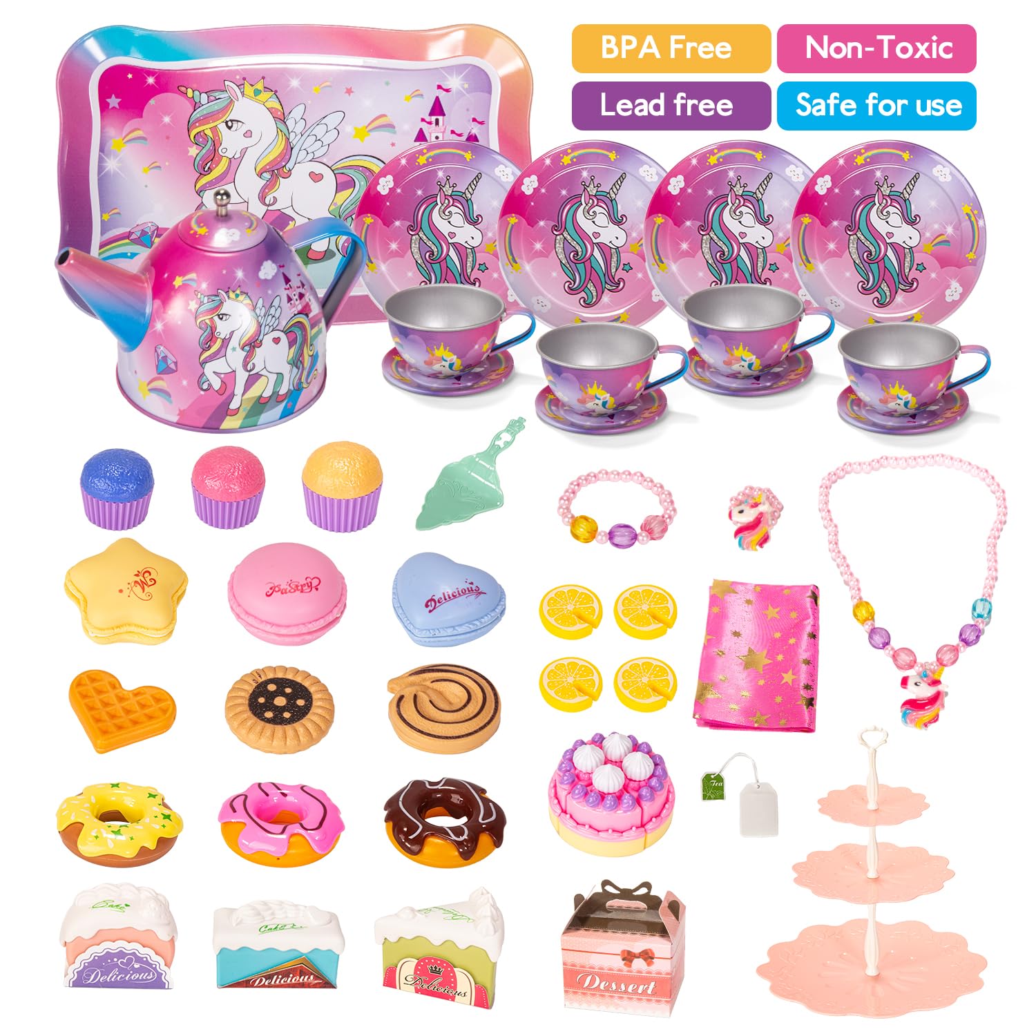 Unicorn Tea Party Set for Little Girls, Toddlers Princess Toy Tea Set, Pretend Play Teapot Dessert Tea Cup Set Food Kitchen Playset, Birthday Unicorn Gifts for 3 4 5 6 7 8 Year Old Girls