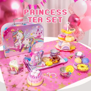 Unicorn Tea Party Set for Little Girls, Toddlers Princess Toy Tea Set, Pretend Play Teapot Dessert Tea Cup Set Food Kitchen Playset, Birthday Unicorn Gifts for 3 4 5 6 7 8 Year Old Girls