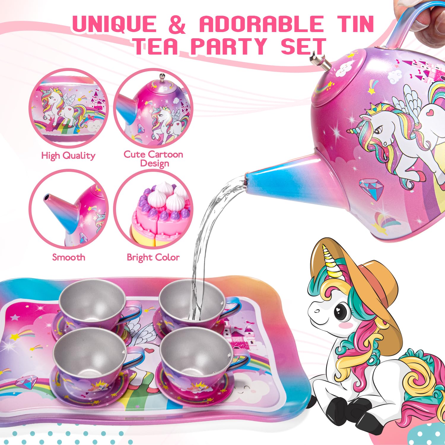 Unicorn Tea Party Set for Little Girls, Toddlers Princess Toy Tea Set, Pretend Play Teapot Dessert Tea Cup Set Food Kitchen Playset, Birthday Unicorn Gifts for 3 4 5 6 7 8 Year Old Girls