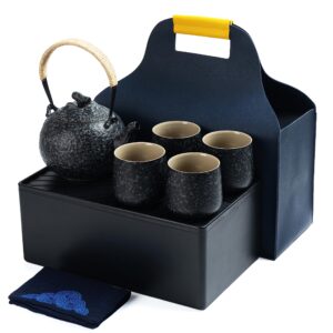 teanagoo portable japanese tea set, charcoal grey travel porcelain tea set, 1 teapot (700ml/25oz) + 4 tea cups(205ml/7.2oz), u2, tea tray storage case, beautiful asian tea set for adults