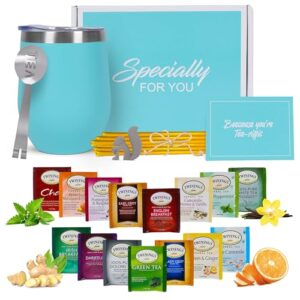 tea gift sets for tea lovers women and men | tea gifts | tea gift set | tea sets for women | stainless steel tumbler | 15 unique teas | 10 honey straws | gift box tea set (teal)