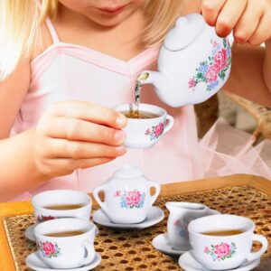 Liberty Imports 17 Piece Rose Flower Miniature Porcelain Ceramic Tea Set - Pretend Play Kids Toy Mini Kitchen Playset