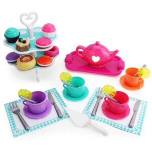 boley tea set - 40 piece children's tea party set with princess pink teapot and plastic tray, vintage teacups with saucers and lemon slices, fancy cake stand with cutlery and play food mini desserts