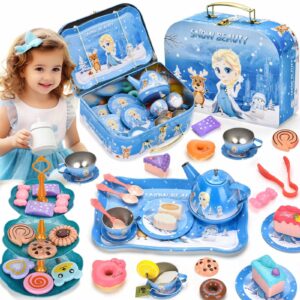 lajeje 52pcs tea party set for little girls-frozen toys for girls, elsa princess tea party set for little girls, kitchen pretend toy with tin tea set, desserts, birthday gift for age 3-6 year olds