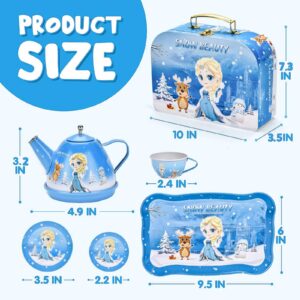 Lajeje 52Pcs Tea Party Set for Little Girls-Frozen Toys for Girls, Elsa Princess Tea Party Set for Little Girls, Kitchen Pretend Toy with Tin Tea Set, Desserts, Birthday Gift for Age 3-6 Year Olds