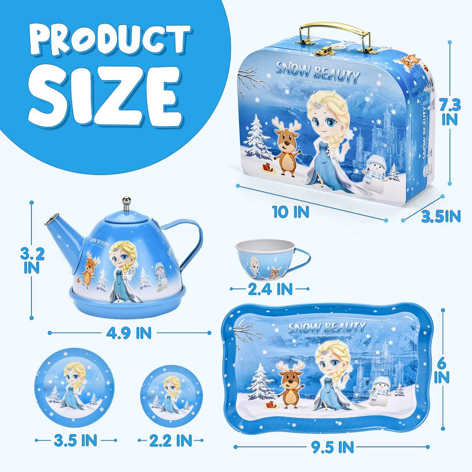 Lajeje 52Pcs Tea Party Set for Little Girls-Frozen Toys for Girls, Elsa Princess Tea Party Set for Little Girls, Kitchen Pretend Toy with Tin Tea Set, Desserts, Birthday Gift for Age 3-6 Year Olds