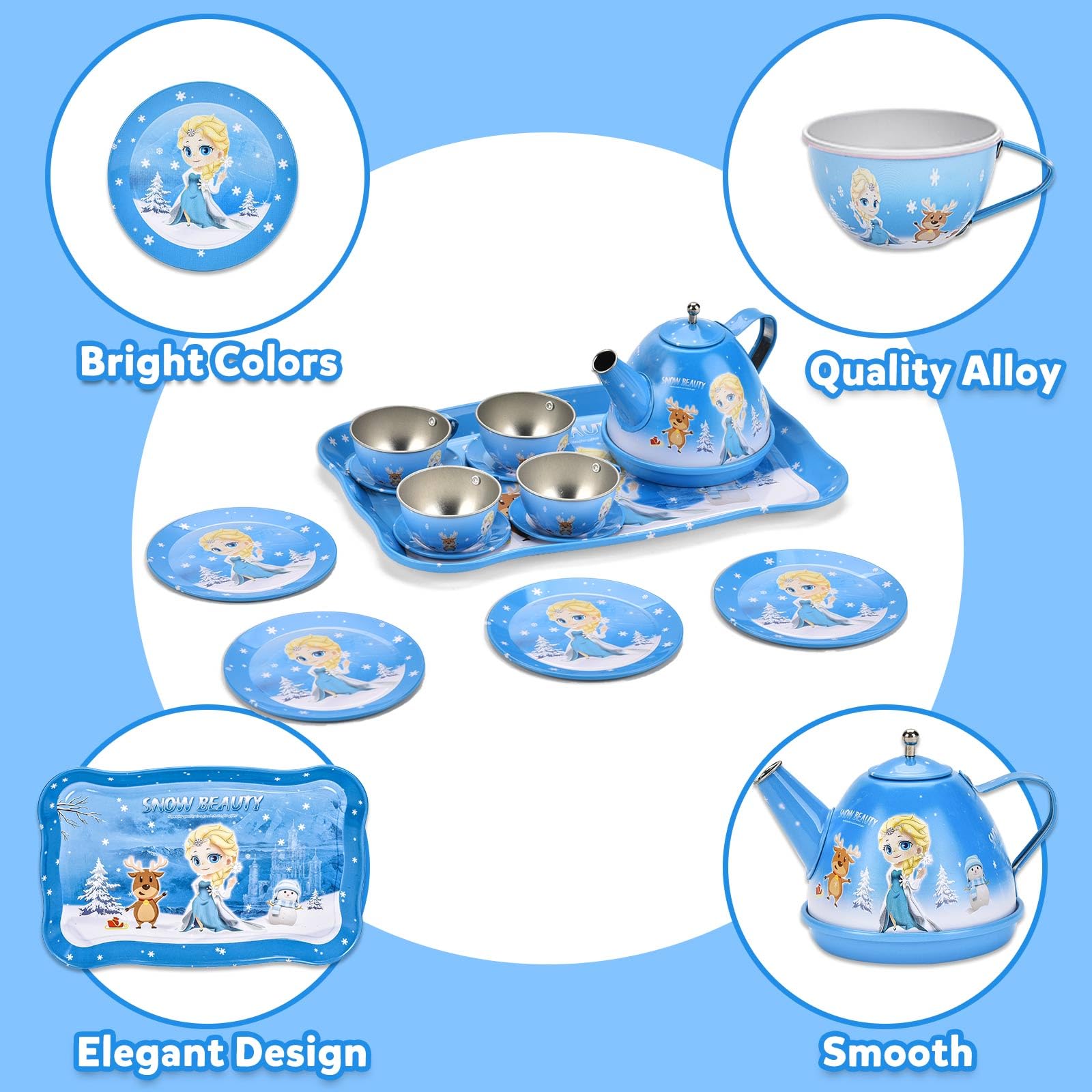 Lajeje 52Pcs Tea Party Set for Little Girls-Frozen Toys for Girls, Elsa Princess Tea Party Set for Little Girls, Kitchen Pretend Toy with Tin Tea Set, Desserts, Birthday Gift for Age 3-6 Year Olds