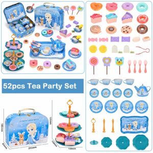 Lajeje 52Pcs Tea Party Set for Little Girls-Frozen Toys for Girls, Elsa Princess Tea Party Set for Little Girls, Kitchen Pretend Toy with Tin Tea Set, Desserts, Birthday Gift for Age 3-6 Year Olds