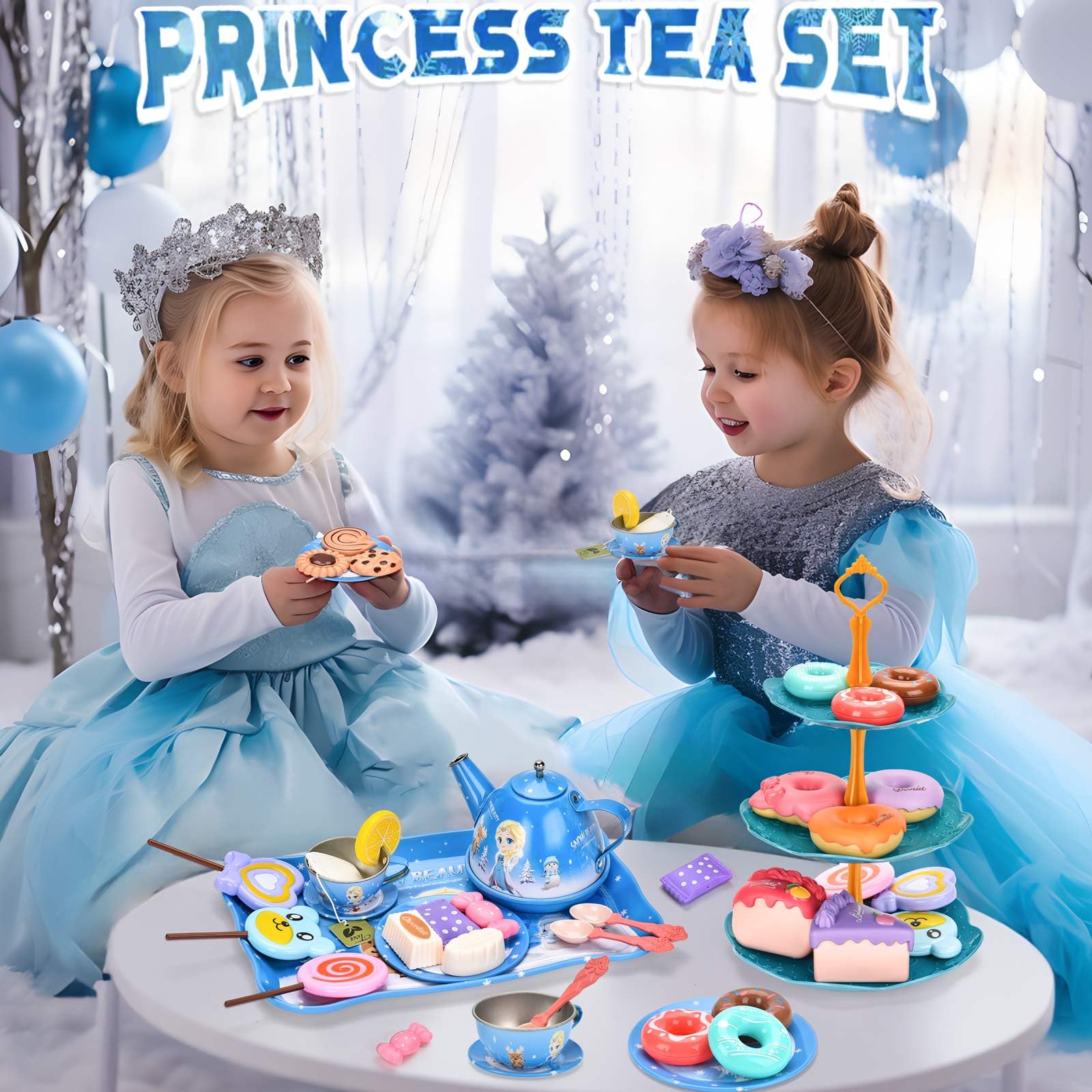 Lajeje 52Pcs Tea Party Set for Little Girls-Frozen Toys for Girls, Elsa Princess Tea Party Set for Little Girls, Kitchen Pretend Toy with Tin Tea Set, Desserts, Birthday Gift for Age 3-6 Year Olds