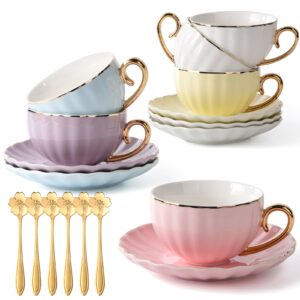 ichag teacup and saucer set, tea cups set of 6, porcelain tea cups 7.7oz, golden trim, golden spoon, tea cups set of 18 for afternoon tea, womens tea party, home office present (pumpkin coffee mugs)