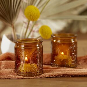 Kate Aspen Vintage Glass Tealight & Votive Candle Fleur-de-lis Tea Light Holders, Set of 4, Amber