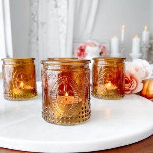 Kate Aspen Vintage Glass Tealight & Votive Candle Fleur-de-lis Tea Light Holders, Set of 4, Amber