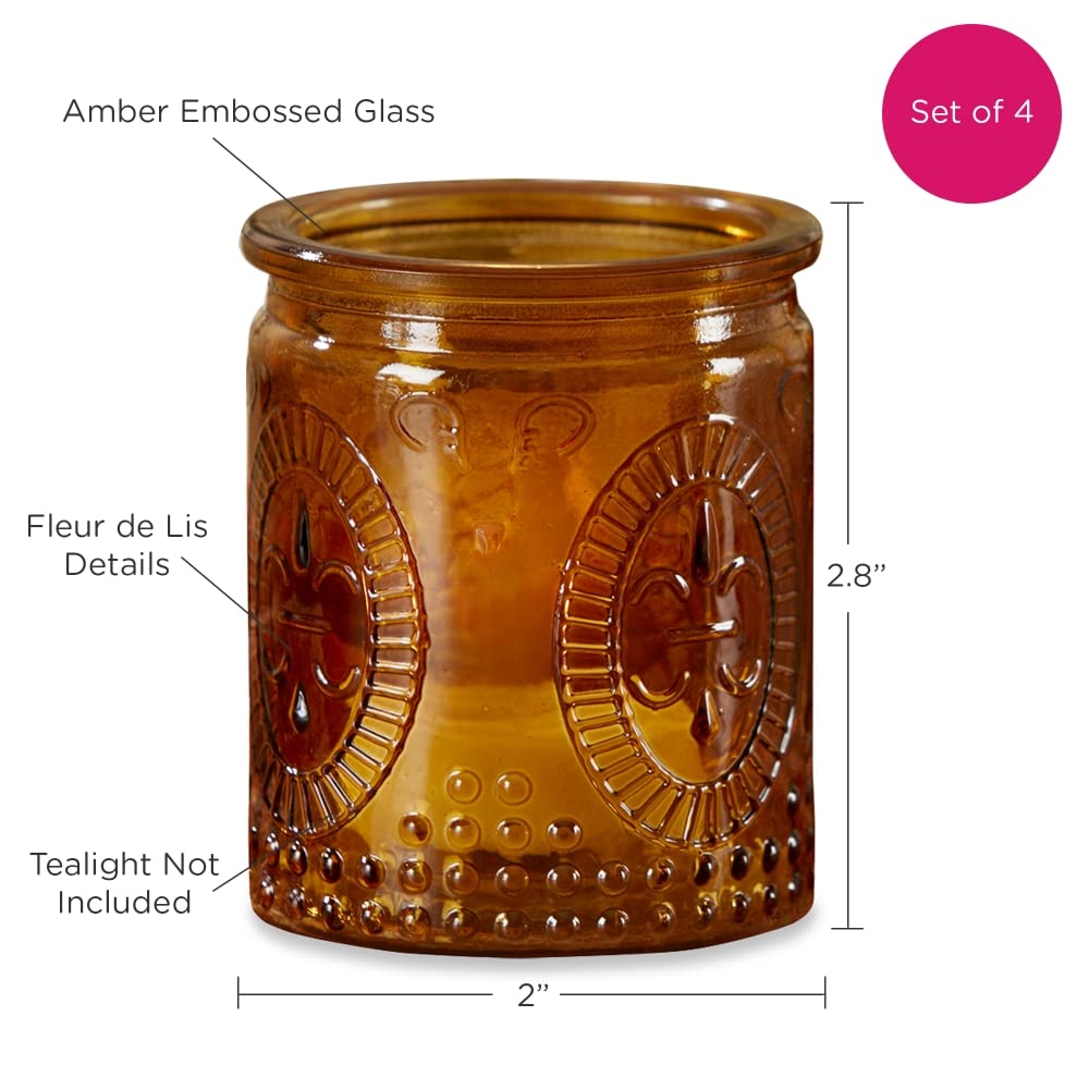 Kate Aspen Vintage Glass Tealight & Votive Candle Fleur-de-lis Tea Light Holders, Set of 4, Amber