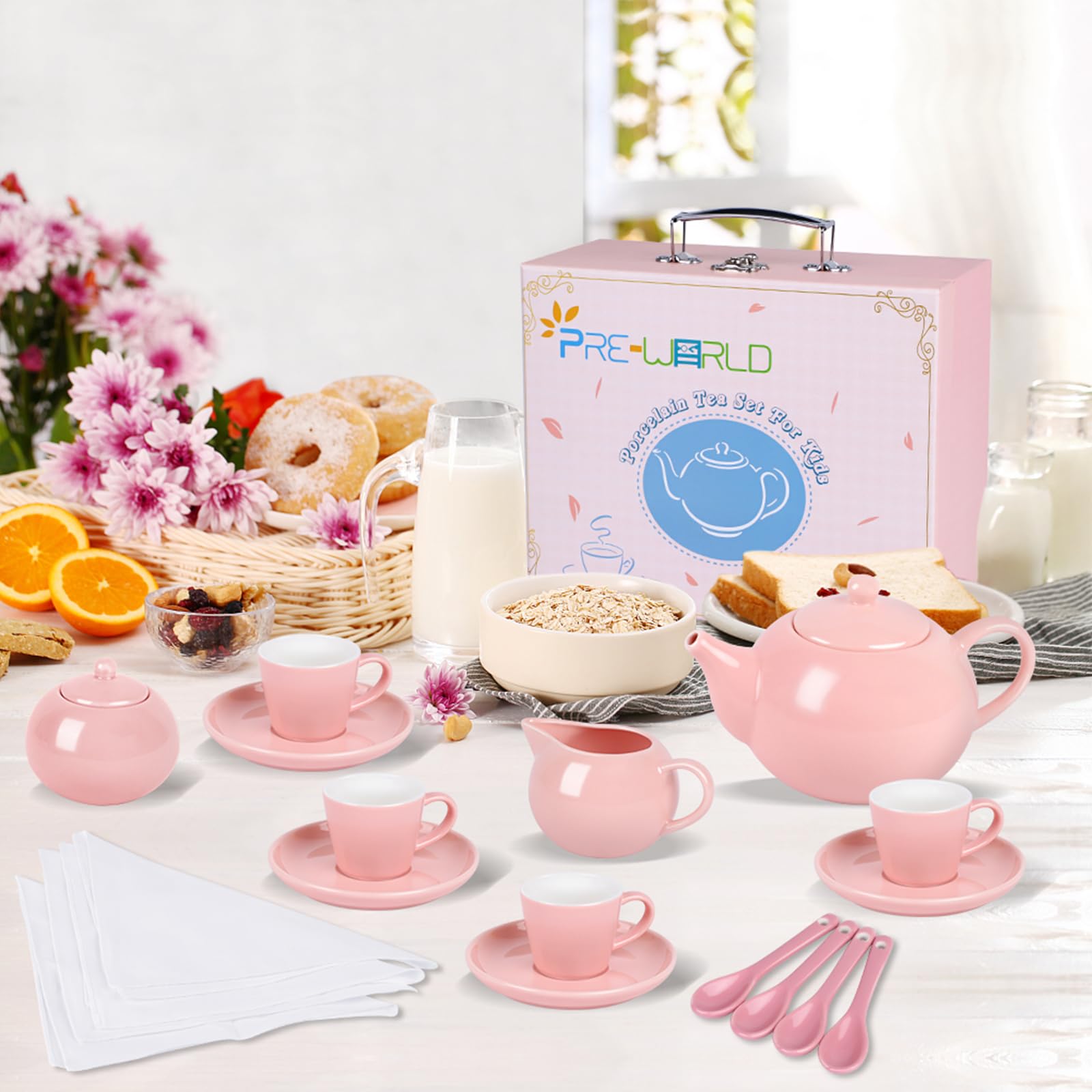 Porcelain Tea Party Set for Little Girls, 22Pcs Princess Tea Time Toy Including Teapot,Saucers,Teacups,Sugar Bowl,Creamer Pitcher,Spoons & Tablecloth, Kids Kitchen Pretend Play for Girls Boys