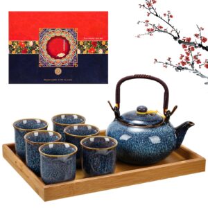 layhit japanese tea set asian tea set for adults with 1 teapot 6 tea cups 1 tea tray traditional portable japanese kiln altered glaze porcelain tea set for tea women mother's day gifts(blue)