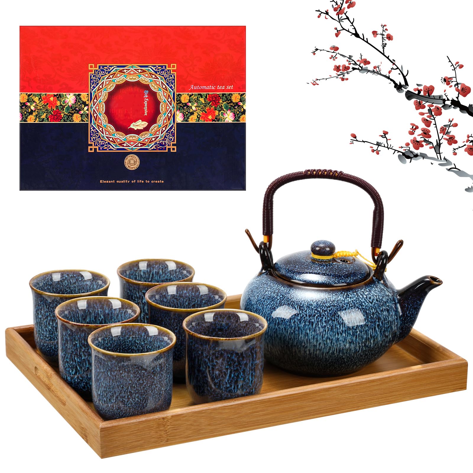 Layhit Japanese Tea Set Asian Tea Set for Adults with 1 Teapot 6 Tea Cups 1 Tea Tray Traditional Portable Japanese Kiln Altered Glaze Porcelain Tea Set for Tea Women Mother's Day Gifts(Blue)