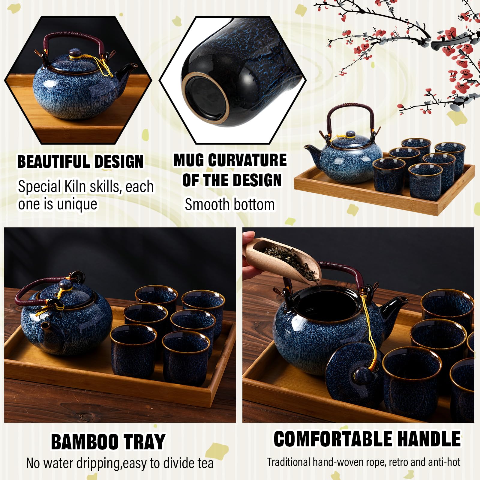 Layhit Japanese Tea Set Asian Tea Set for Adults with 1 Teapot 6 Tea Cups 1 Tea Tray Traditional Portable Japanese Kiln Altered Glaze Porcelain Tea Set for Tea Women Mother's Day Gifts(Blue)