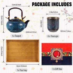 Layhit Japanese Tea Set Asian Tea Set for Adults with 1 Teapot 6 Tea Cups 1 Tea Tray Traditional Portable Japanese Kiln Altered Glaze Porcelain Tea Set for Tea Women Mother's Day Gifts(Blue)